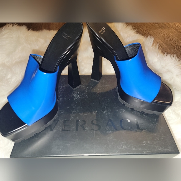 Versace | Shoes | Versace Blue And Black Clog Heels | Poshmark